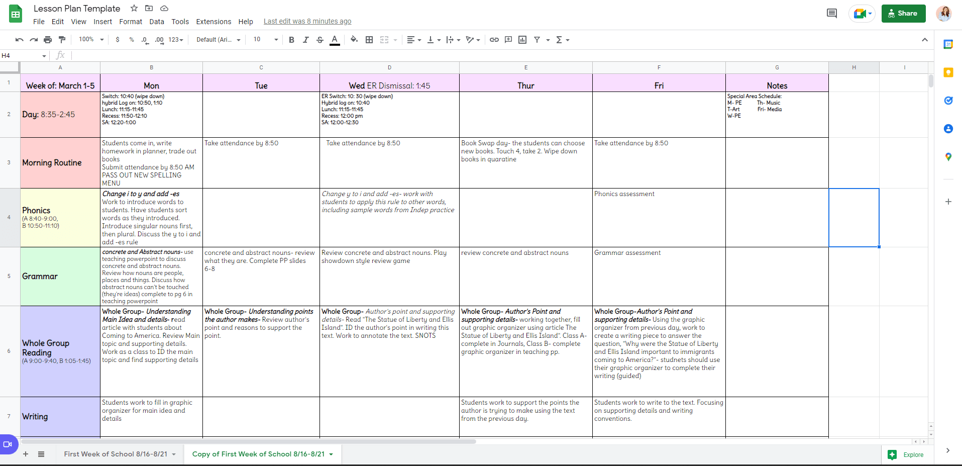 lesson planning screenshot for google sheets - The Applicious Teacher